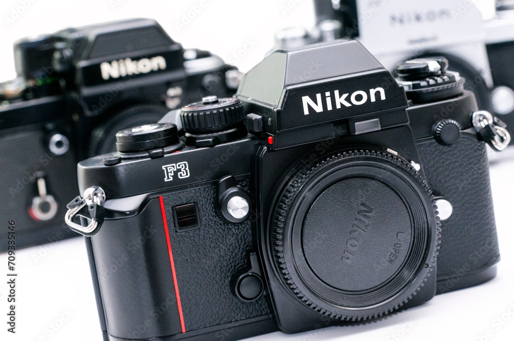 The iconic Nikon F3 camera body flanked by the Nikon F1 and F2 Classics ...