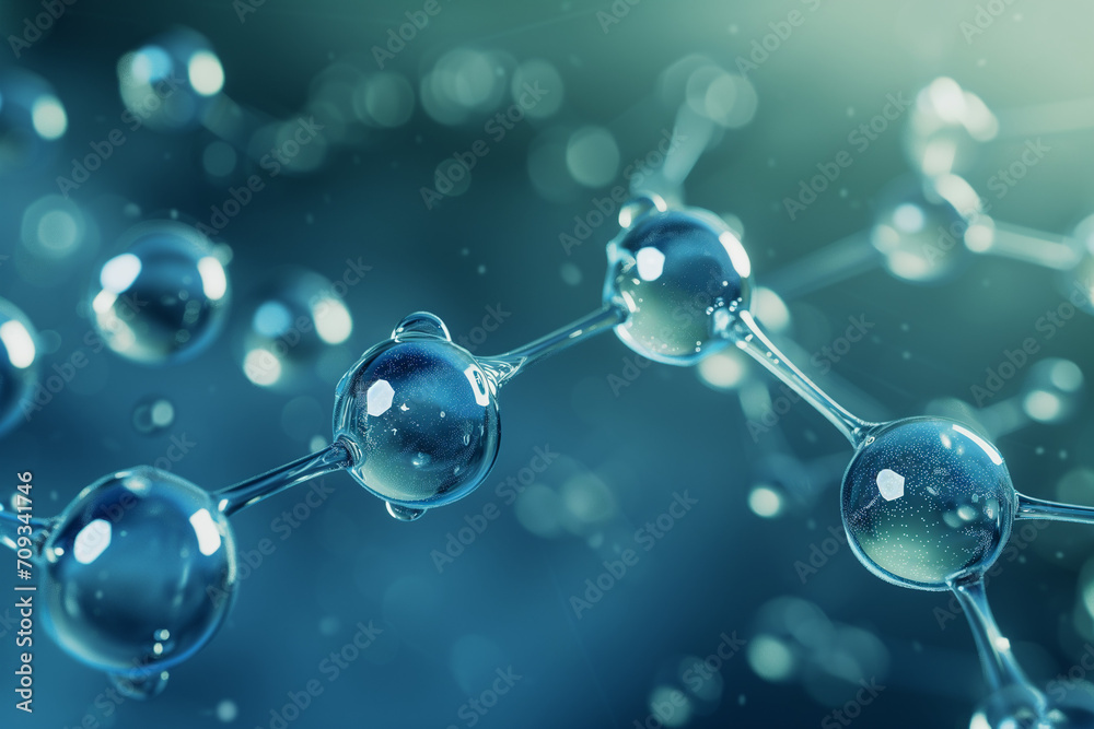 The image shows a 3D illustration of water molecules, depicted as ...