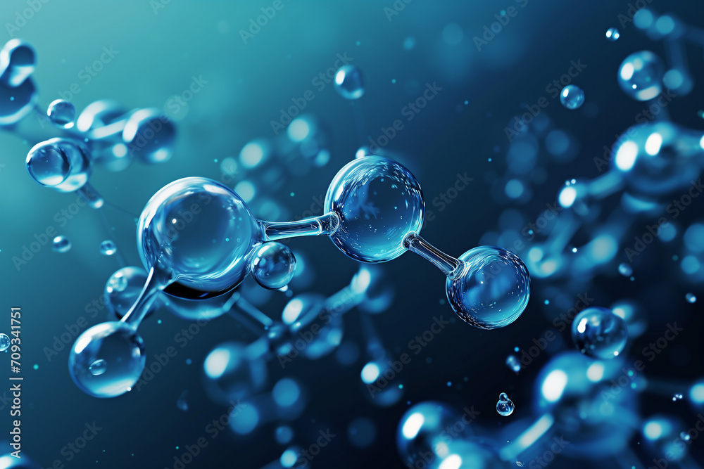 The image shows a 3D illustration of water molecules, depicted as ...