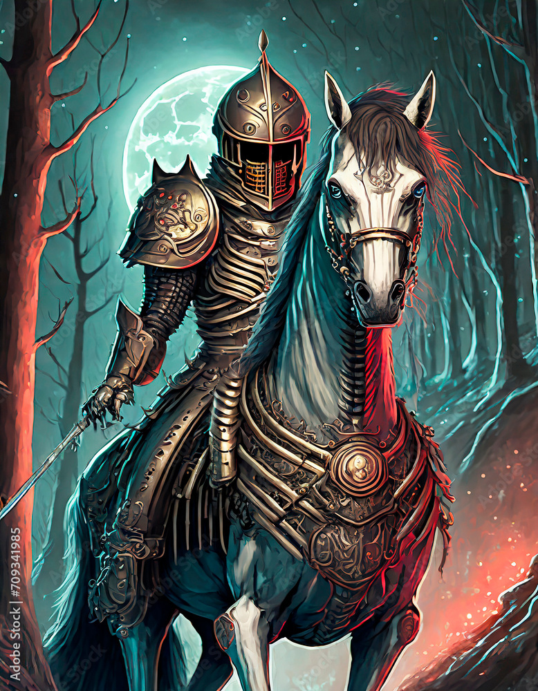 Skeleton man knight on horseback made of bones with medieval armor in a ...