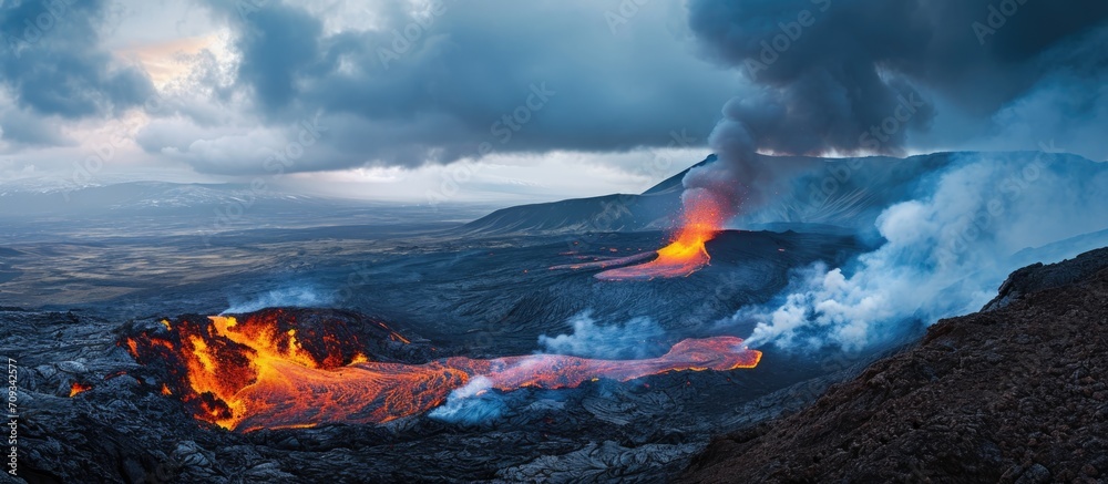 Daytime volcanic eruption on Reykjanes peninsula with lava shooting ...