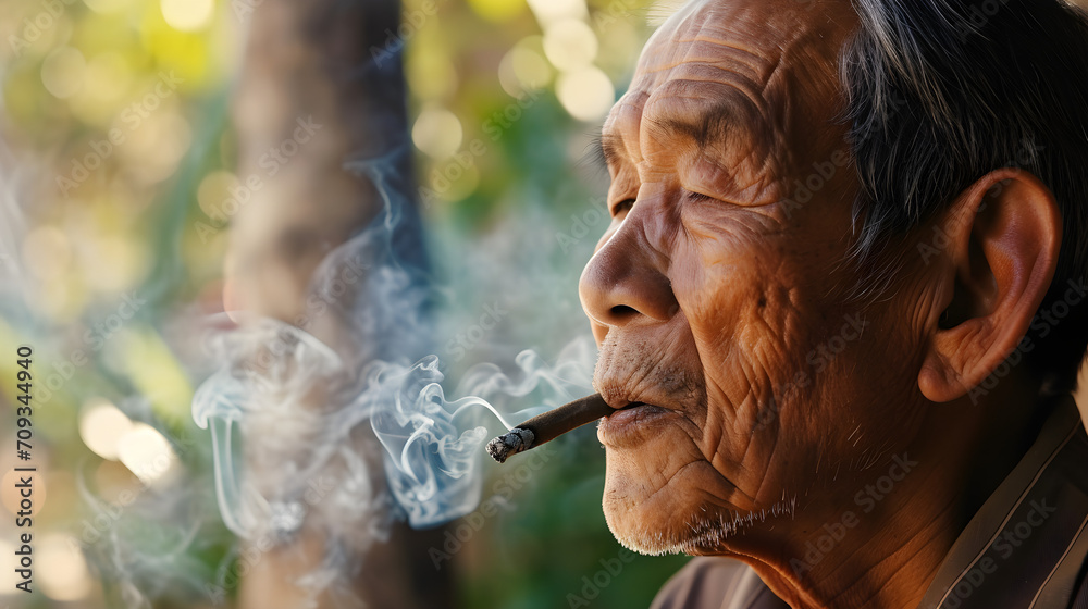 happy retired senior Asian man smoking medicinal cannabis blunt outside ...