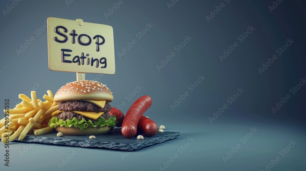 Whimsical plea: cartoon characters, fast food holding a sign 'Stop ...