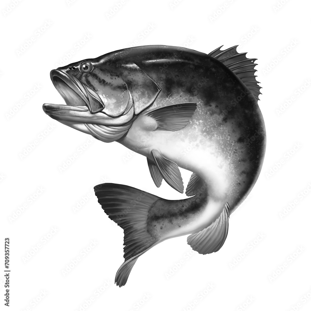 Bass fish black and white jumps out of water isolate realistic ...