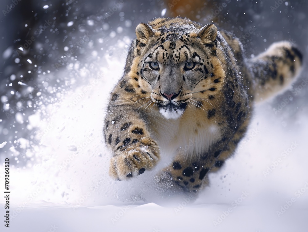 A stock photo of a snow leopard in mid-pounce, its powerful limbs and ...