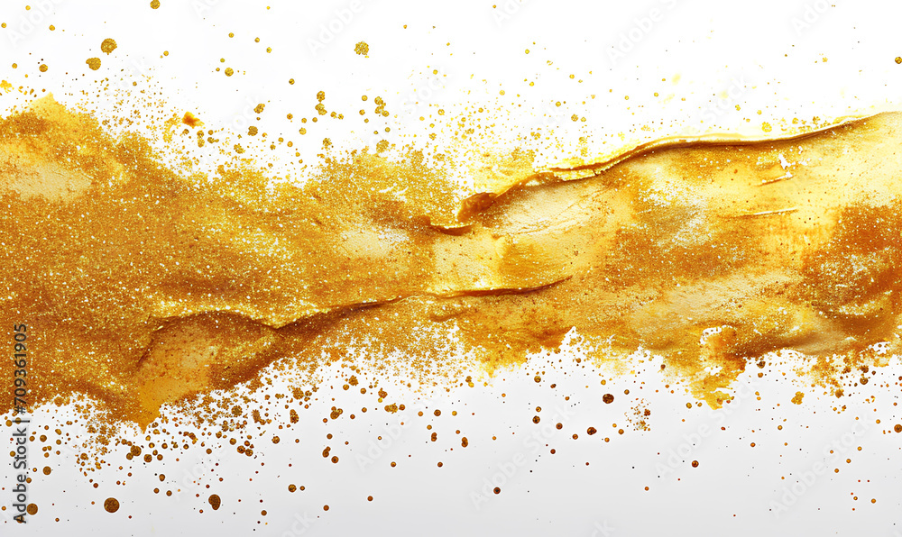 Gold paint splashes isolated on white background. Golden abstract ...