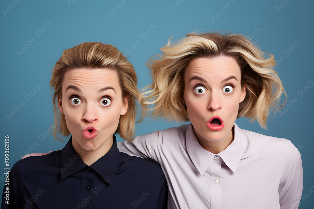 funny portrait of two businesswomen with funny faces isolated on colour ...