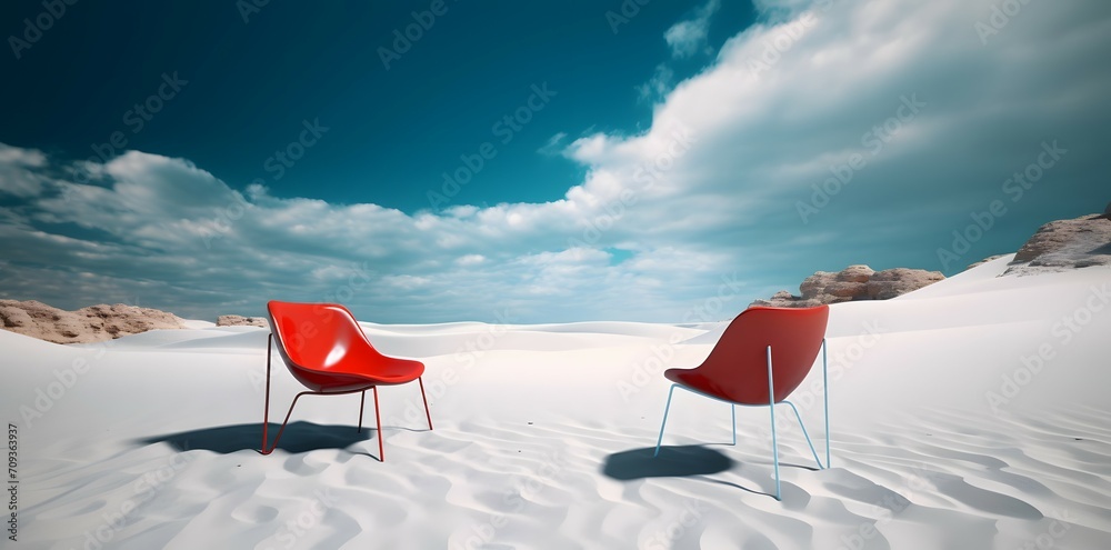 two chairs are sitting on the sandy beach, in the style of bess hamiti ...