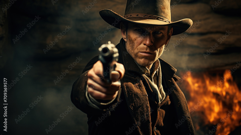 Cowboy gunfighter pointing gun like in western movie, portrait of man ...