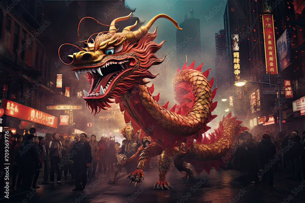 Celebrating the Chinese New Year, a street festival featuring a ...