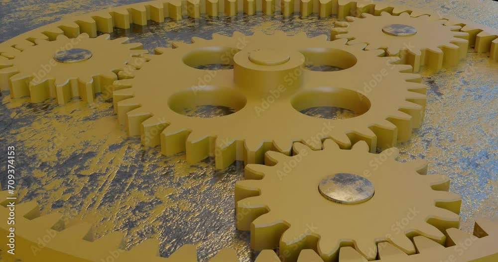 Yellow-themed gear animation. Continuous planetary gear rotation ...