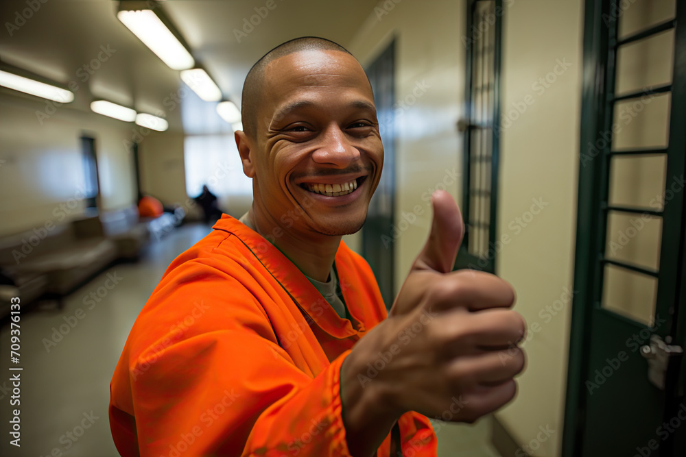 Optimistic Inmate Giving a Thumbs Up Inside a Correctional Facility ...