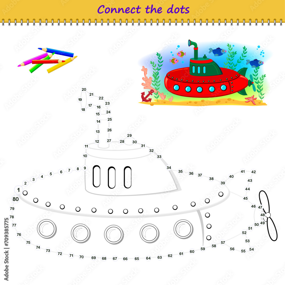 Connect the dots from 1 to 80 and draw the submarine. Trace the line ...
