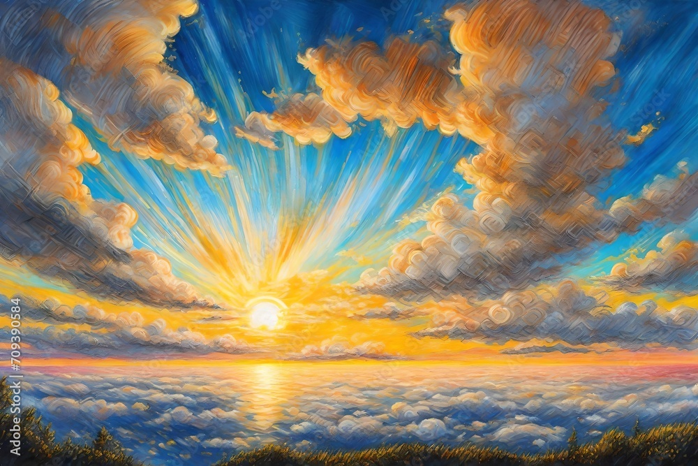 beautiful renaissance oil pastel painting of a sunny sky with a few ...