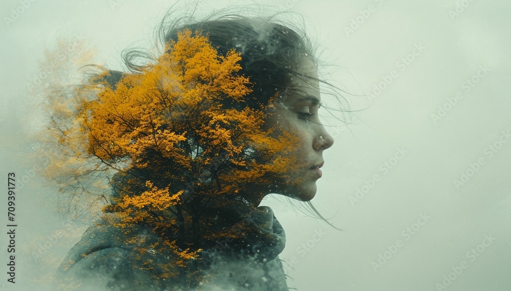 A beautiful photo with a double exposure, where a photo of a girl is ...