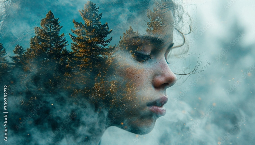 A beautiful photo with a double exposure, where a photo of a girl is ...