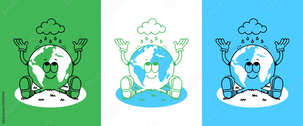 Vintage earth planet cartoon character illustration. Trendy retro ...