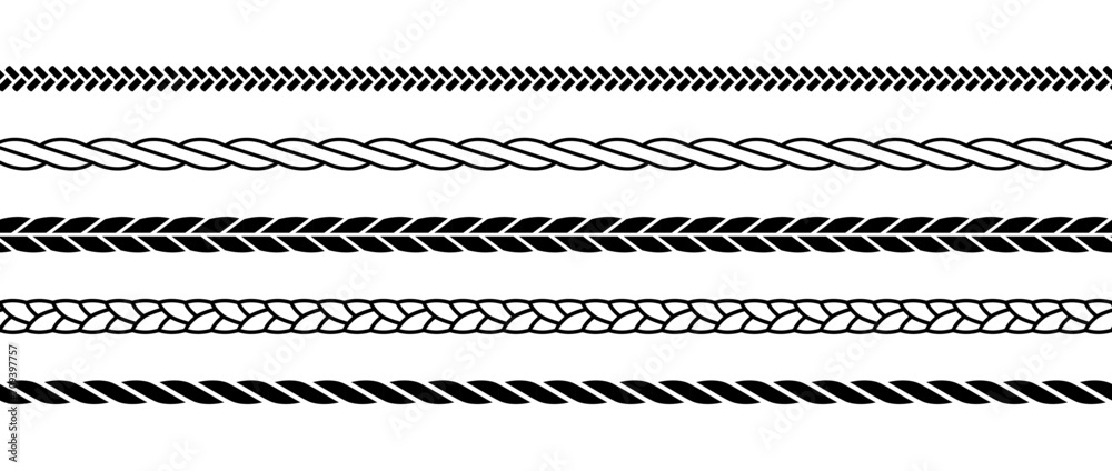 Repeating ropes set. Seamless hemp cord lines collection. Black outline ...
