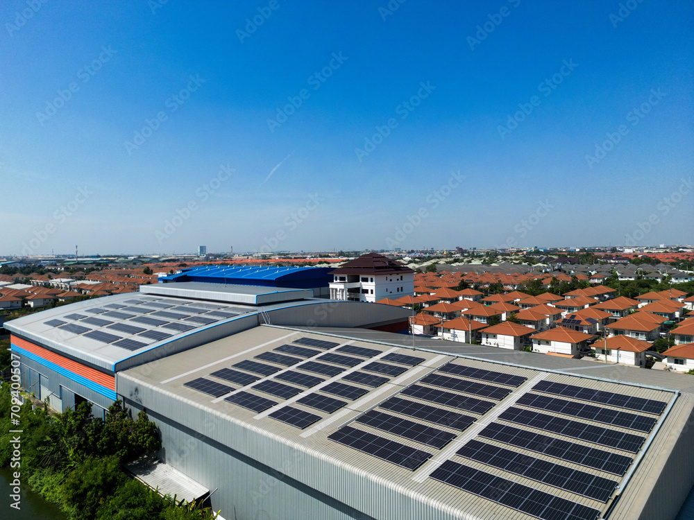 Top aerial view of solar roof system at the rooftop of factory ...