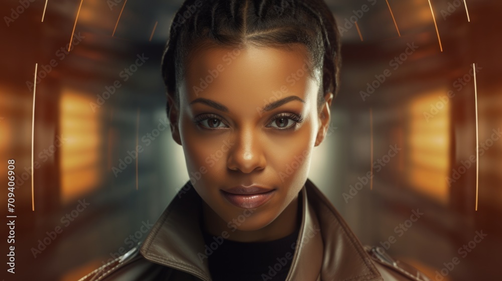 Photorealistic Adult Black Woman with Brown Straight Hair Futuristic ...