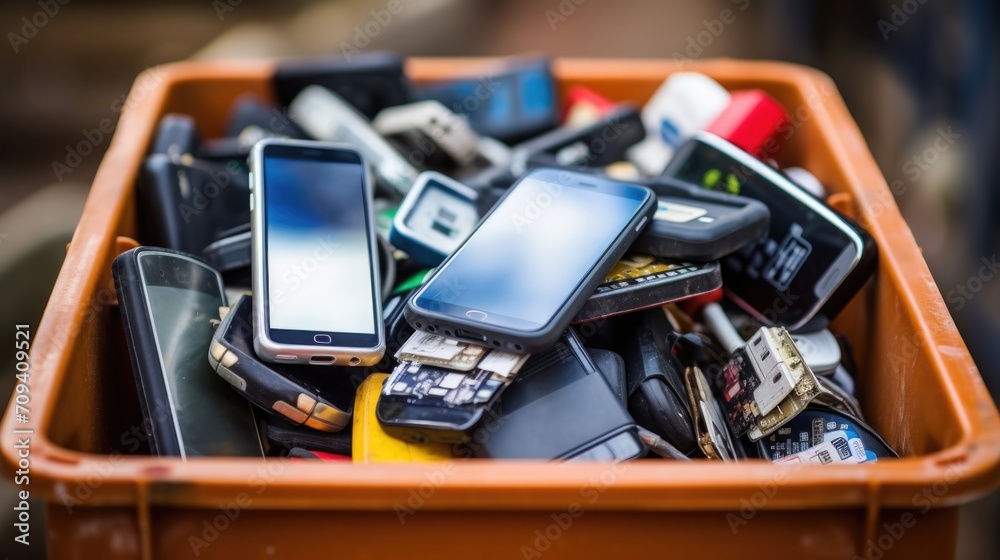 Closeup of a container labeled electronic waste filled with old cell ...