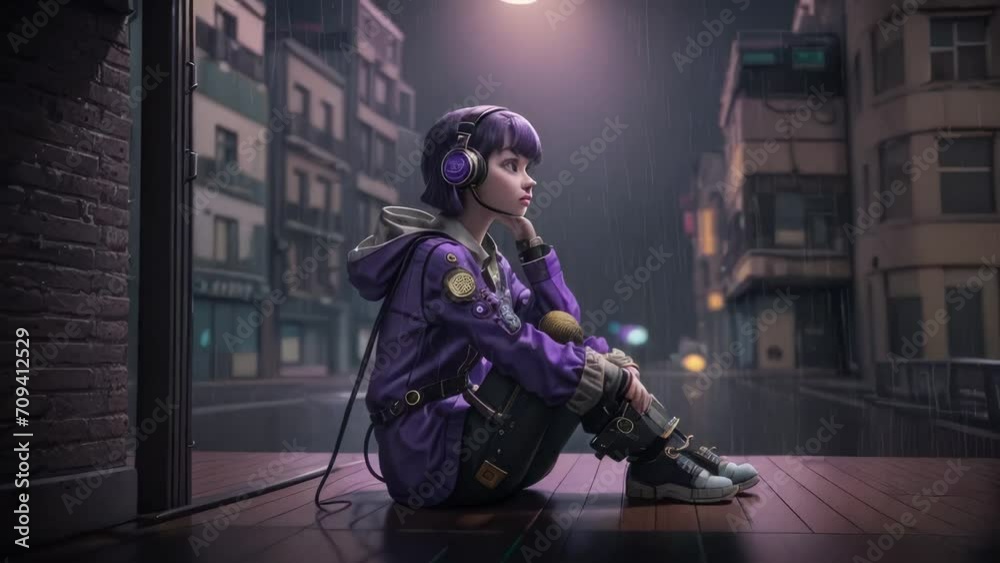 Lofi young girl headphones sitting alone on the balcony feeling sad and ...