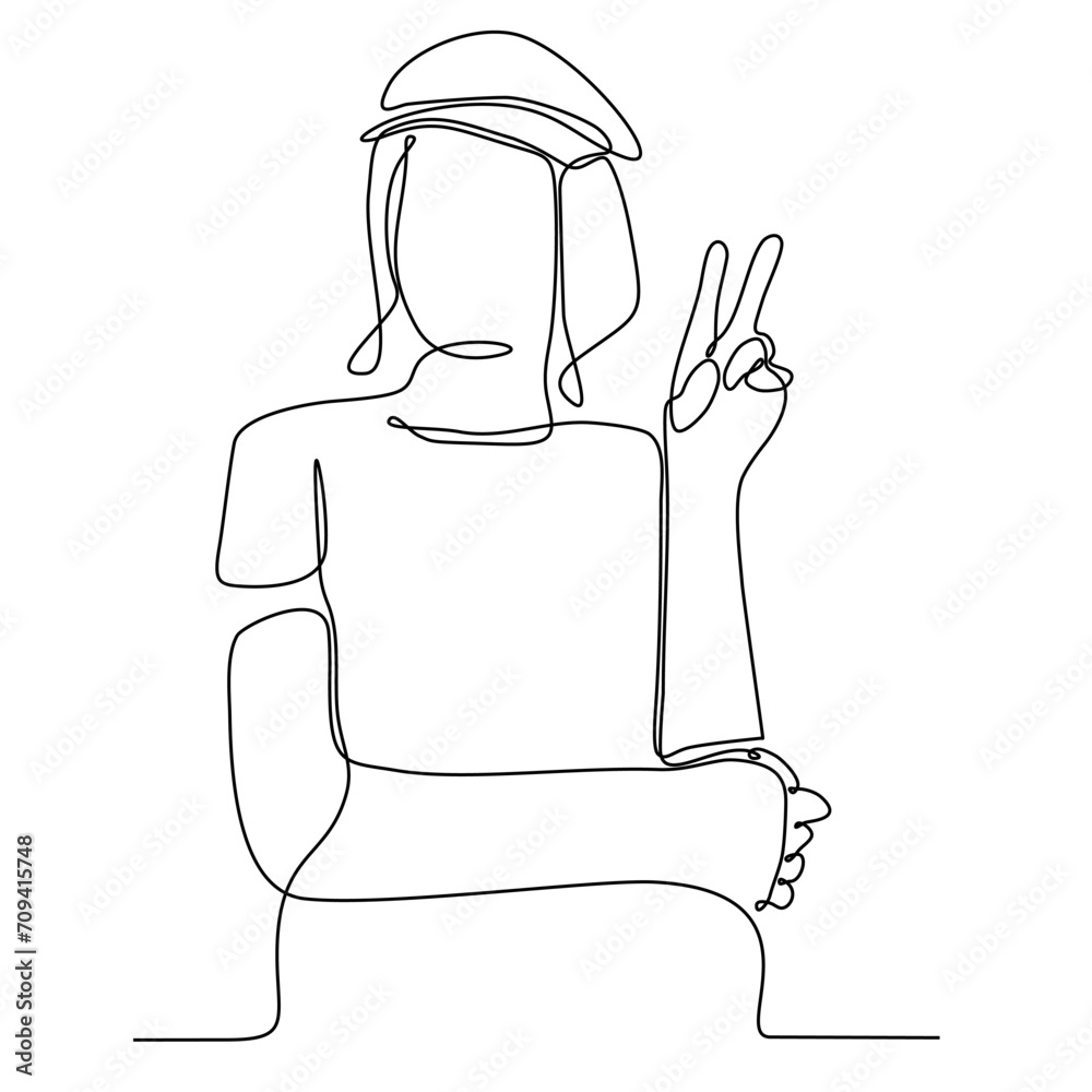 Single continuous line drawing sad injured girl with broken arm, single ...