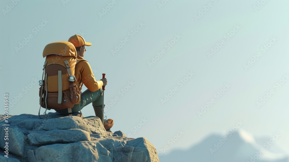 Cartoon digital avatars of Mountain Hiker with Accessories Sitting on a ...