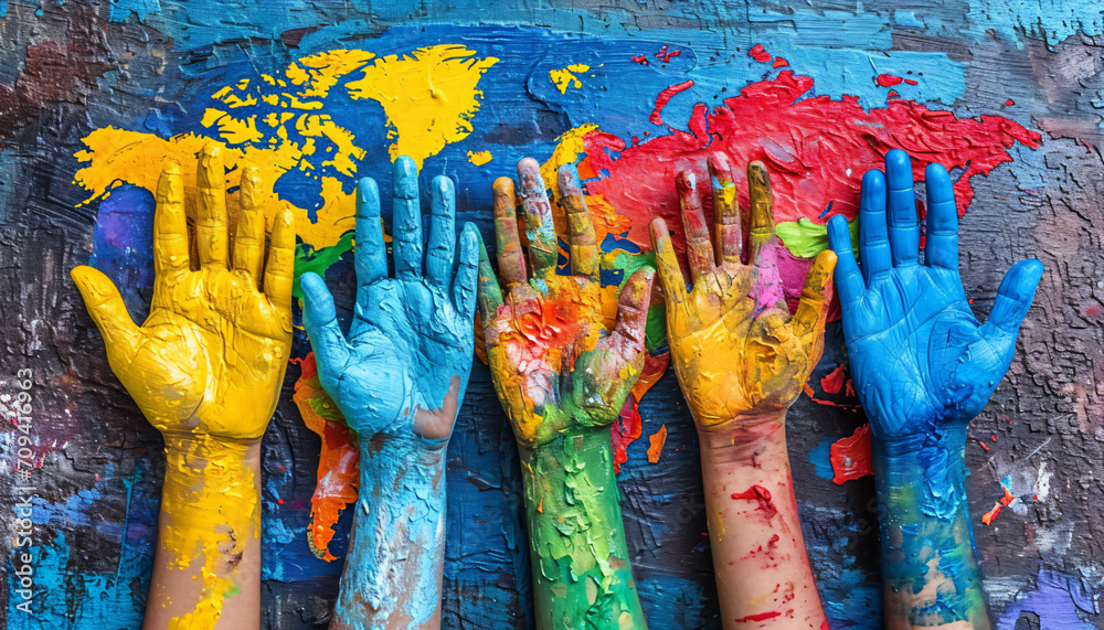 Group of hands raised on a background showing the planet Earth ...