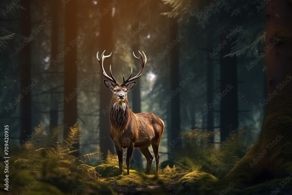 Deer, Cervus elaphus, with antlers growing on velvet.A huge deer in ...