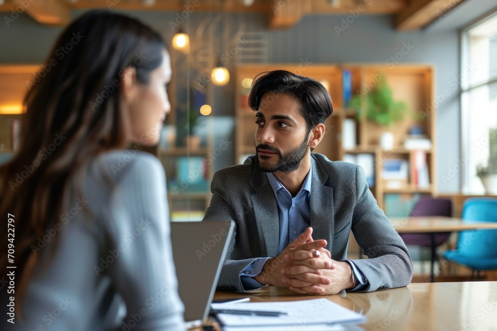 Indian male hr specialist manager, employer, boss listening female ...