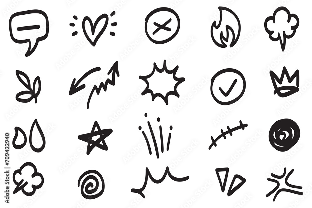 Vector set of hand-drawn cartoony expression sign doodle, curve ...
