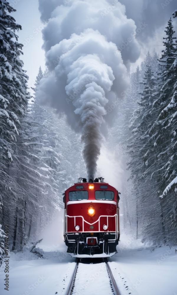 Retro red steam locomotive. Old vintage train ride in a snowy forest at ...