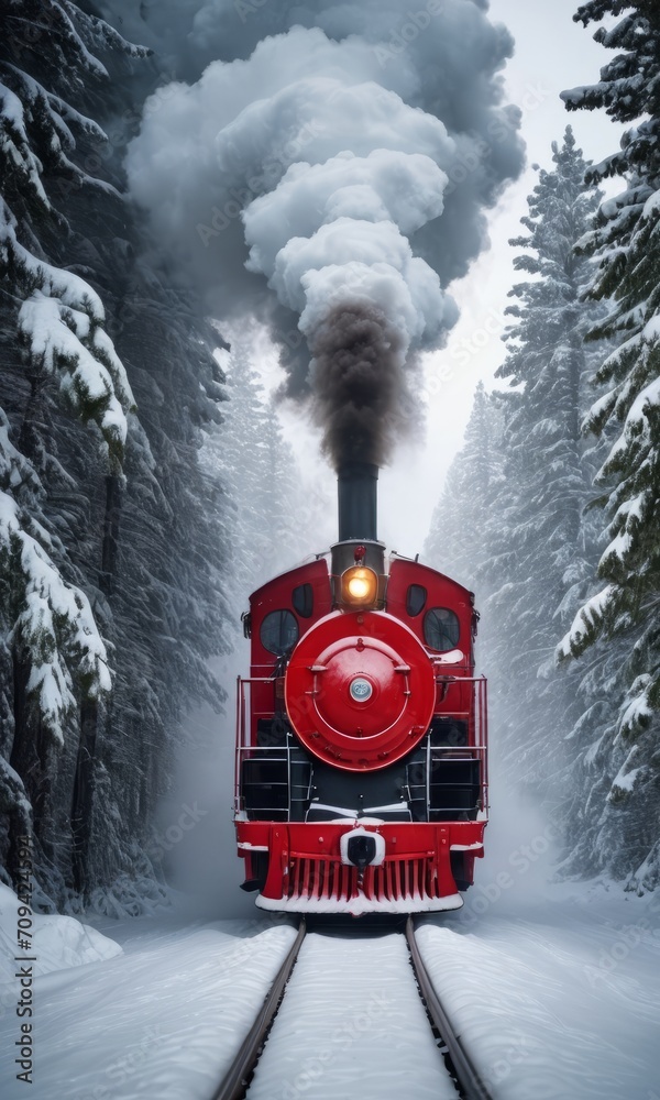 Retro red steam locomotive. Old vintage train ride in a snowy forest at ...