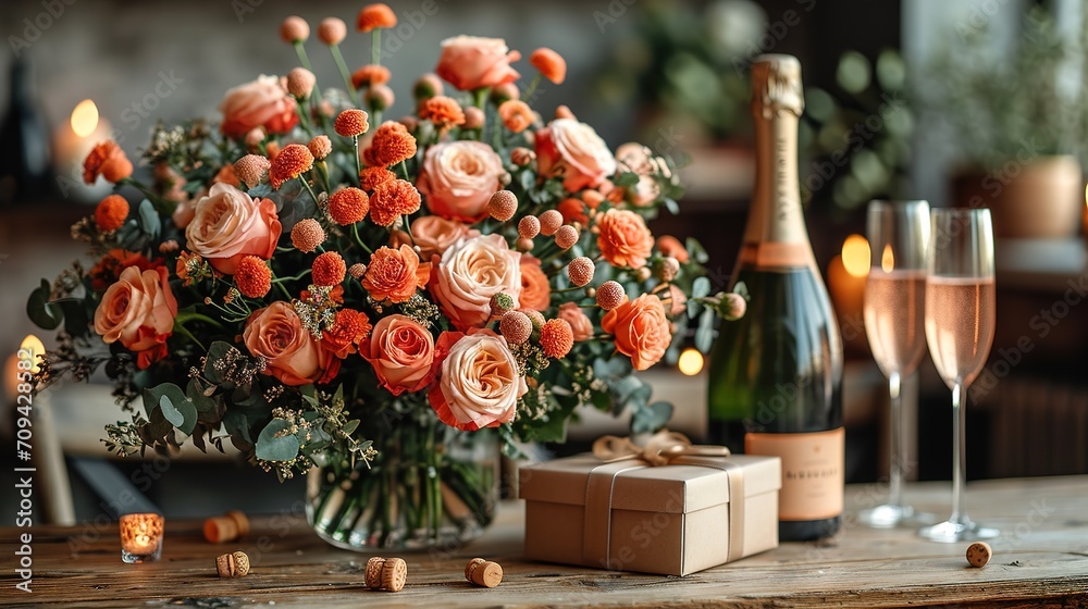 Champagne and beautiful rose bouquet. Romantic date, candle light ...