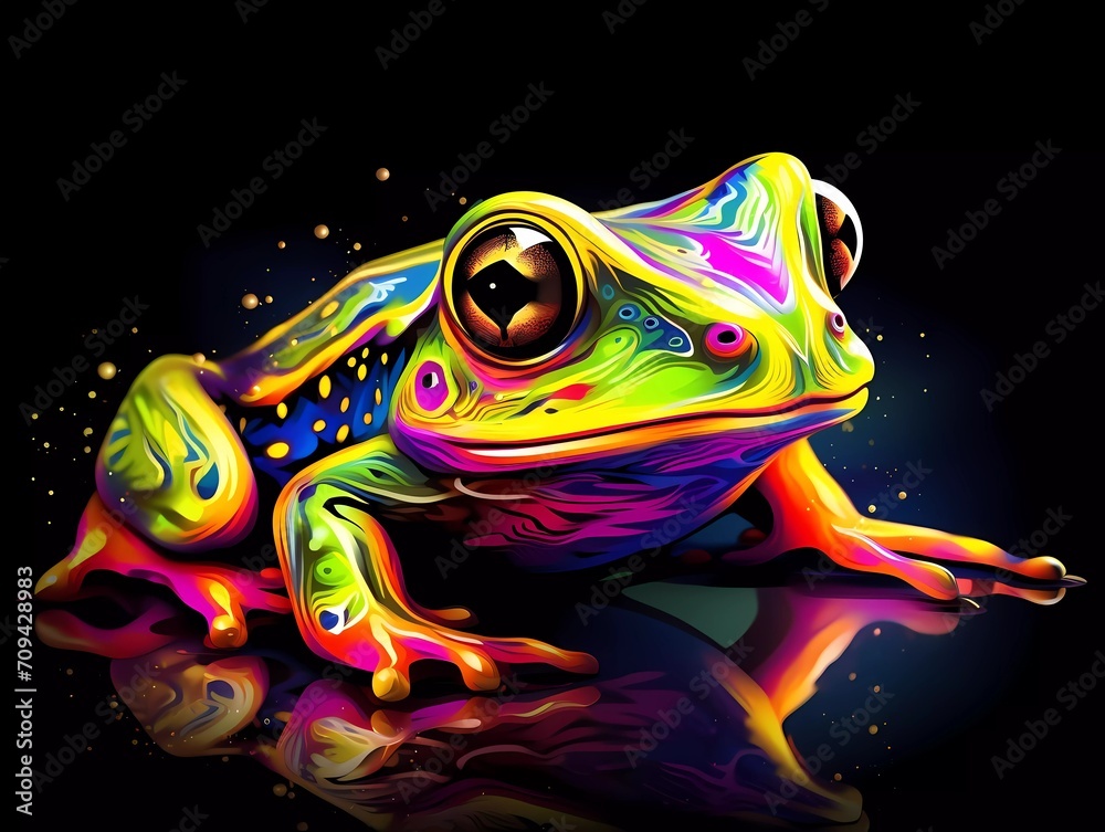 Frog illustration in abstract, rainbow ultra-bright neon artistic ...
