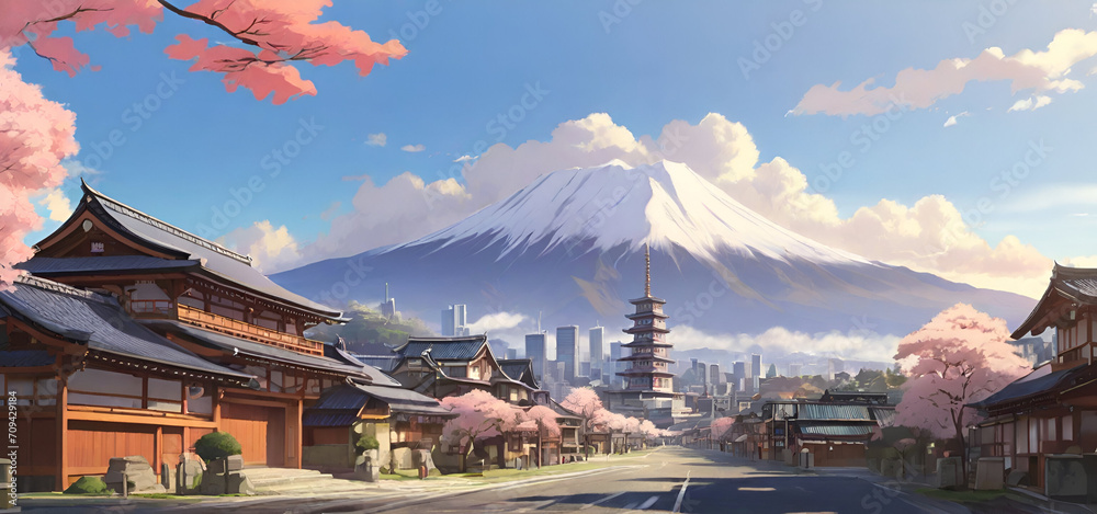 a beautiful japanese village city town in the morning. anime comics ...
