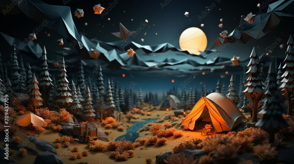 Origami camping tent and bright moon with 3d minimal background Stock ...