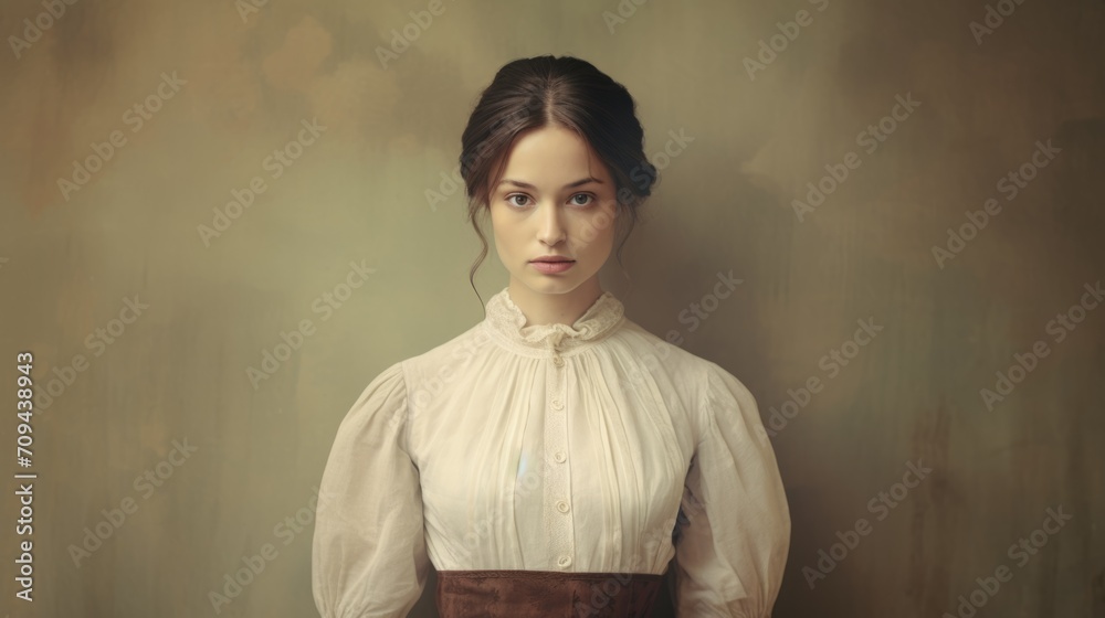 Photorealistic White Woman with Brown Straight Hair retro Illustration ...