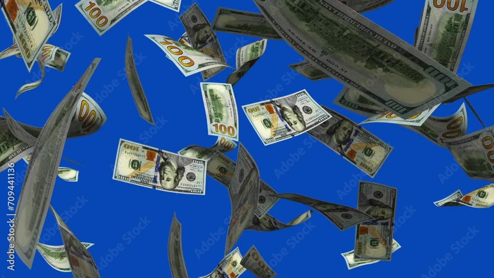 3D animation of US dollar notes Falling On blue screen. Money ...
