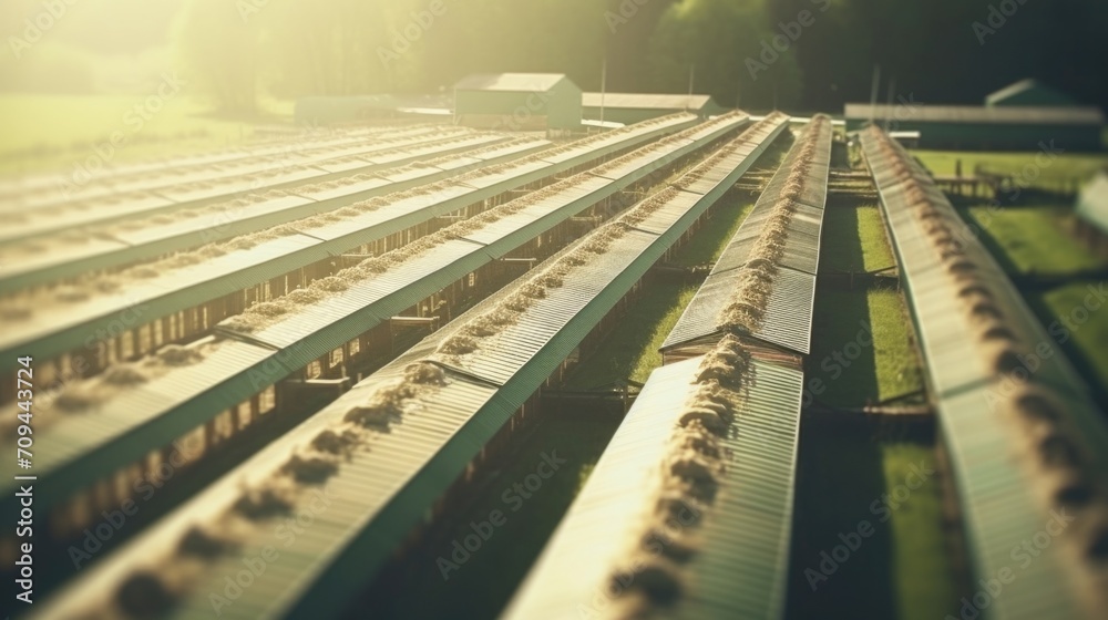 The overhead shot captures the orderly rows of chicken houses, inter ...