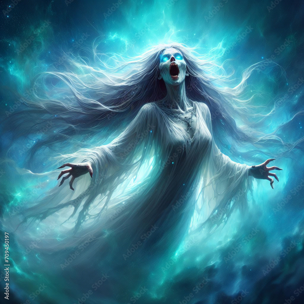 A banshee with ghostly white hair, wailing in the wind, folklore, old ...