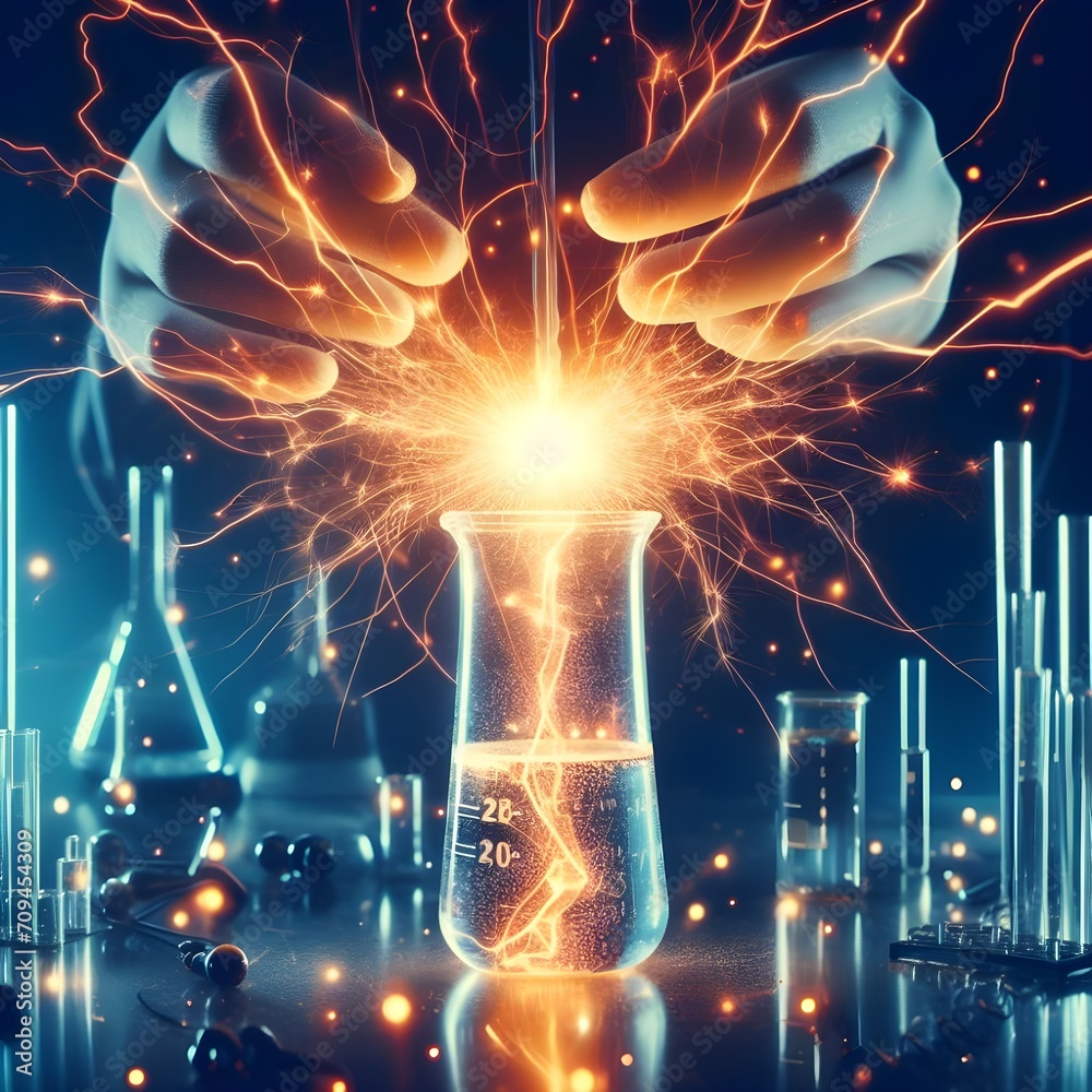 Electrochemistry, electric sparks coming out of chemical beaker with ...