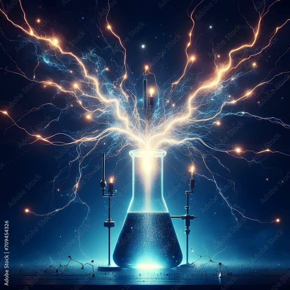 Electrochemistry, electric sparks coming out of chemical beaker with ...