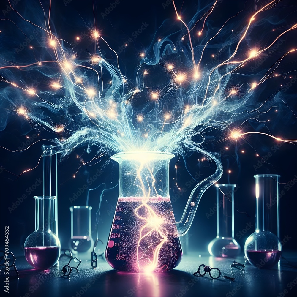 Electrochemistry, electric sparks coming out of chemical beaker with ...