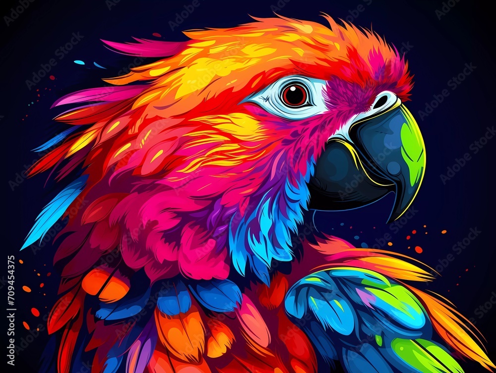 parrot illustration in abstract, rainbow ultra-bright neon artistic ...