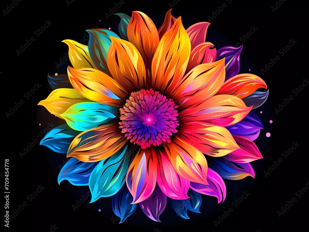 sunflower illustration in abstract, rainbow ultra-bright neon artistic ...