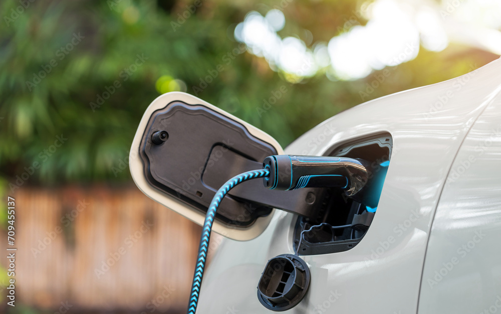 Power cable pump plug in charging power to electric vehicle EV car with ...