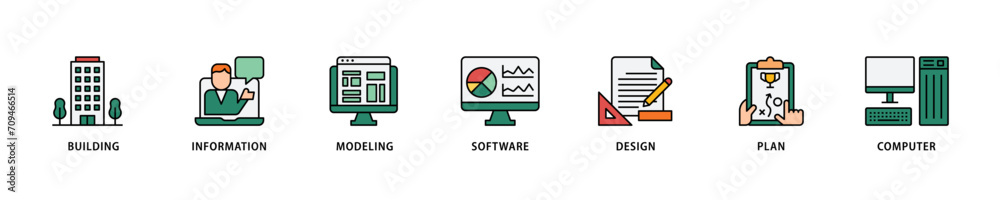 BIM icon set flow process which consists of building, information ...