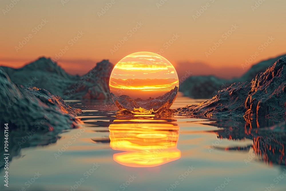 large glowing sun is the focal point, it’s partially obscured by clouds ...